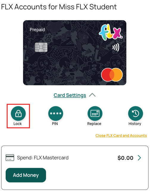 How do I lock my child's FLX Prepaid Mastercard?