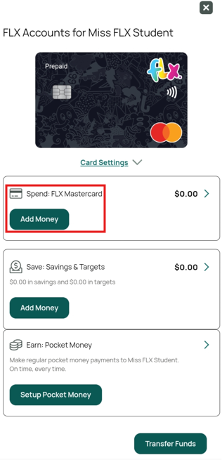 How do I transfer money from the Parent Wallet to my child's FLX Card?