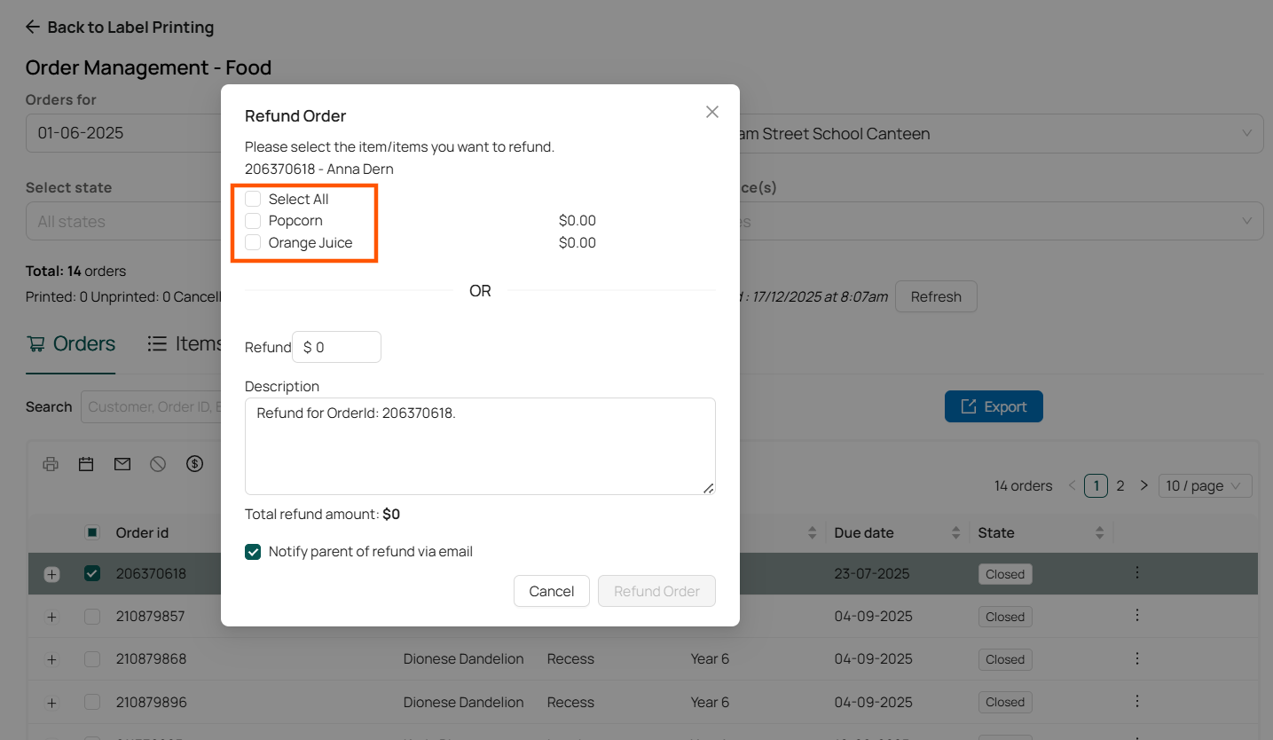 How to refund a single order